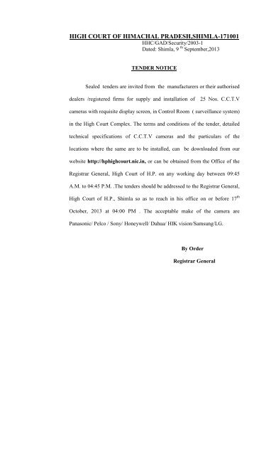 Tender Notice CCTV Cameras - High Court of Himachal Pradesh