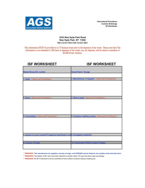 ISF WORKSHEET ISF WORKSHEET