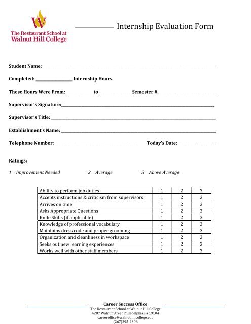 Internship Evaluation Form - The Restaurant School at Walnut Hill ...