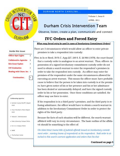 IVC Orders and Forced Entry Durham Crisis Intervention Team