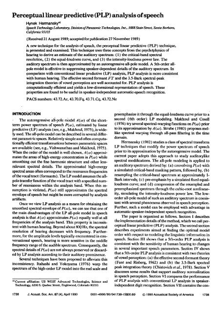 Perceptual Linear Predictive Plp Analysis Of Speech