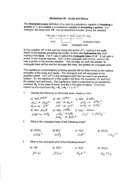 Acids And Bases Worksheet Answers