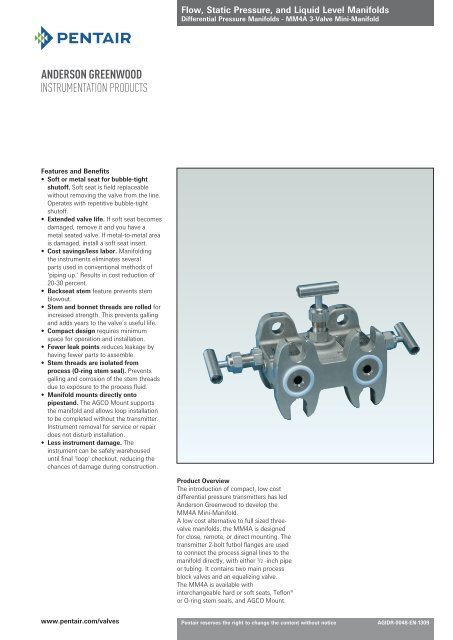 Flow, Static Pressure, and Liquid Level Manifolds - Pentair Valves ...