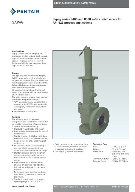 Sapag series 8400 and 8500 safety relief valves for API-526 process ...
