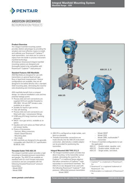 Integral Manifold Mounting System - Pentair Valves & Controls