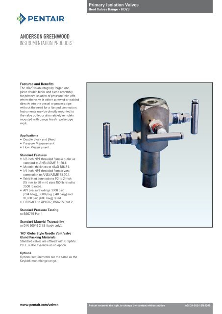 Primary Isolation Valves - Pentair Valves & Controls