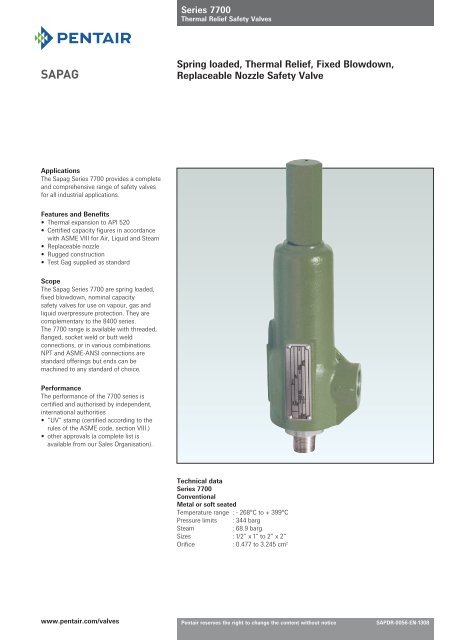 Spring loaded, Thermal Relief, Fixed Blowdown, Replaceable ...
