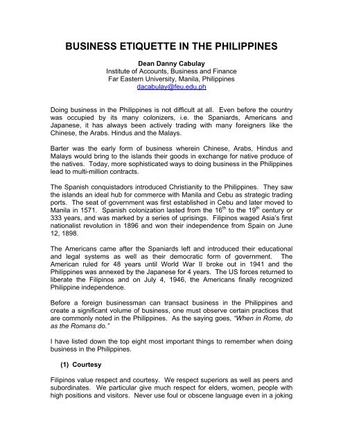 business etiquette in the philippines - Philippine Culture: Overview ...