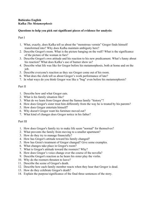 Babienko English Kafka The Metamorphosis Questions to help you ...