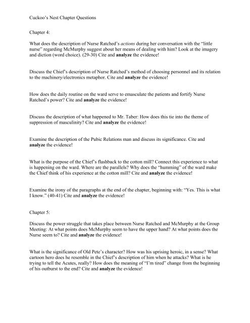 Cuckoo's Nest Chapter Questions Chapter 4 ... - Whs.babienko.net