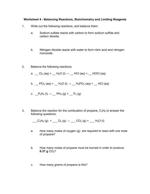 Worksheet 4 - Balancing Reactions, Stoichiometry and Limiting ...