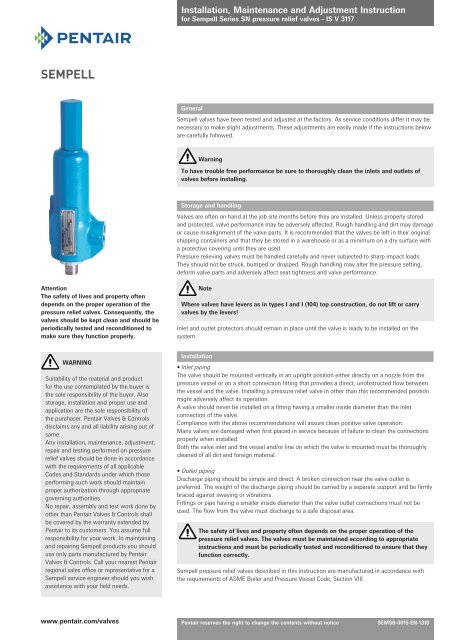 Installation, Maintenance and Adjustment Instruction - Pentair