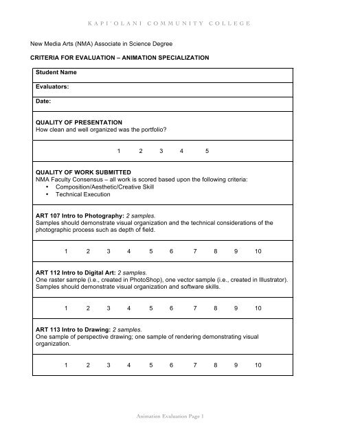Criteria for Evaluation (Animation) - KCC New Media Arts