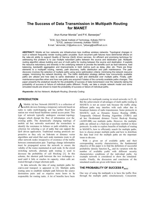 The Success of Data Transmission in Multipath Routing for MANET
