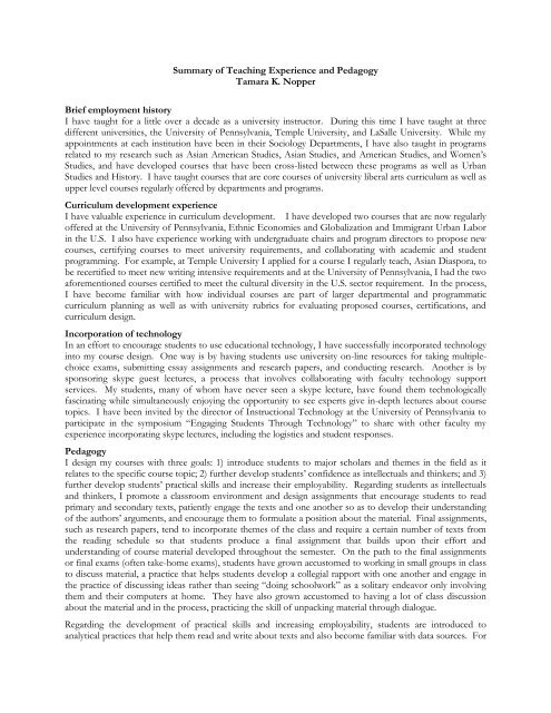 Summary of Teaching Experience and Pedagogy Tamara K. Nopper ...