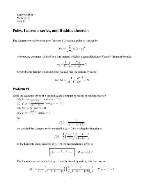Poles, Laurents series, and Residue theorem â