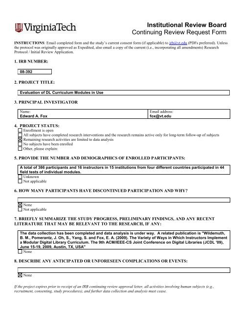 Continuing Review Request Form - Digital Library Research ...