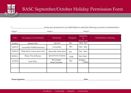 September Excursion Form - Ipswich Grammar School