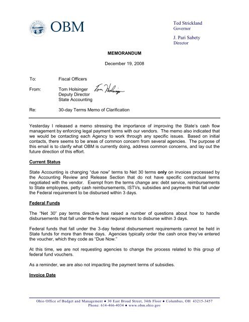 30-day Terms Memo of Clarification - Ohio Shared Services