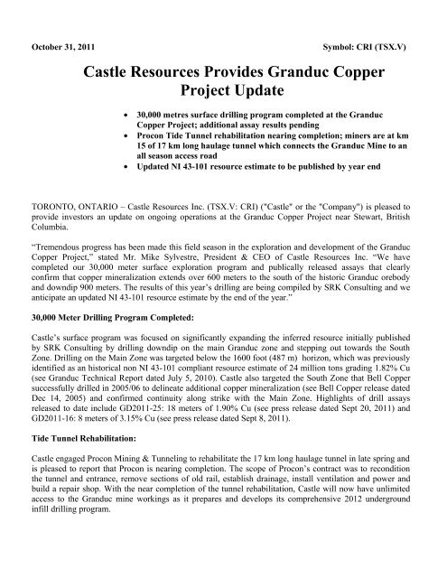 Castle Resources Provides Granduc Copper Project Update