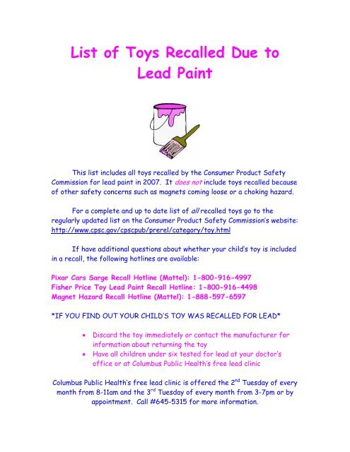 List of Toys Recalled Due to Lead Paint - Columbus Public Health!