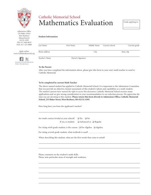 Math Evaluation Form - Catholic Memorial School