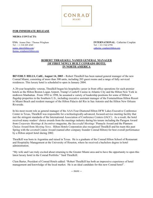 robert thrailkill named general manager of first newly built - Hilton