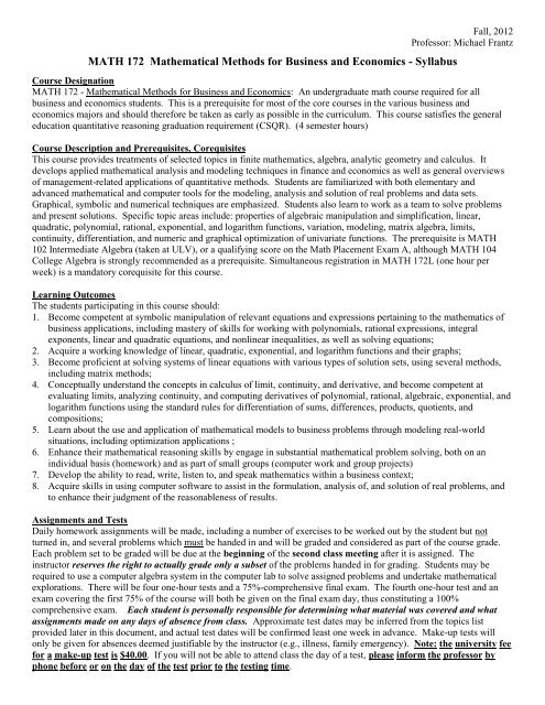 MATH 172 Mathematical Methods for Business and Economics ...