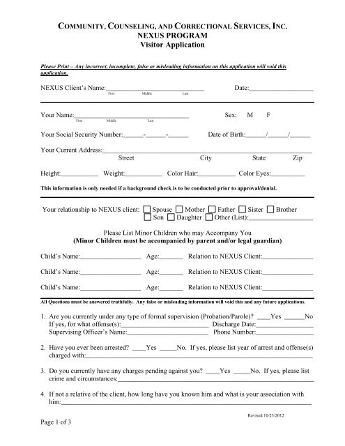 View the NEXUS Visitor Application Form - Community, Counseling ...