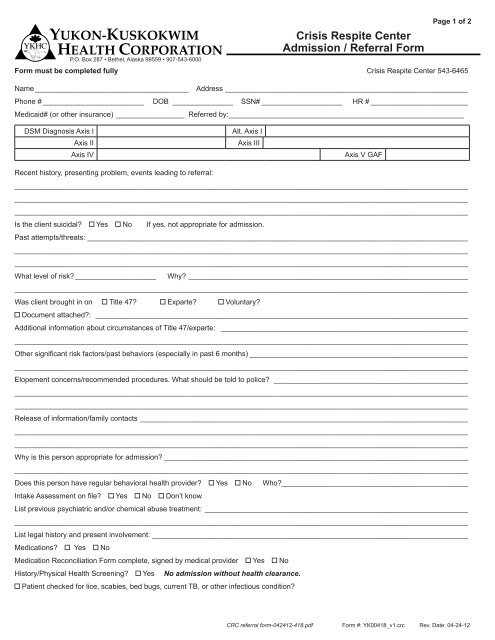 Crisis Respite Center Admission / Referral Form