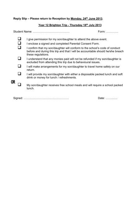 reply slip, together with the Parental Consent Form - Sir William ...