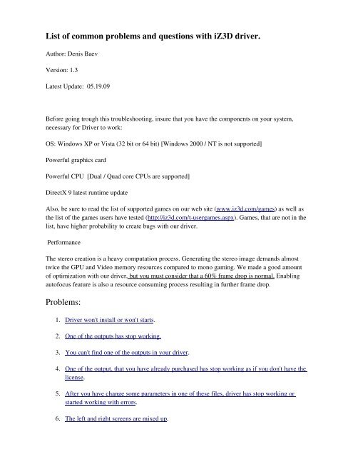 List of common problems and questions with iZ3D driver. Problems: