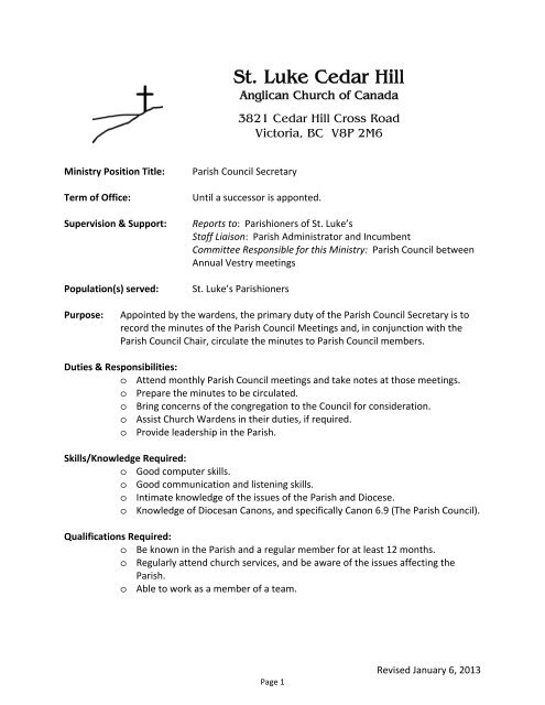 Parish Council Secretary - St. Luke's - St. Luke's Anglican Church