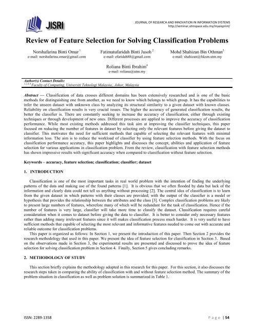 Review Of Feature Selection For Solving Classification Problems