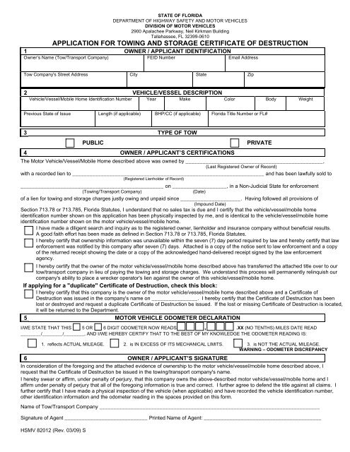 application for towing and storage certificate of destruction
