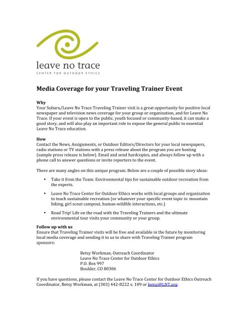 Media Coverage for your Traveling Trainer Event - Leave No Trace