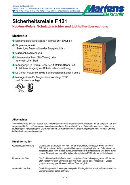 Sicherheitsrelais F121 Not-Aus-Relais ... - Martens Elektronik GmbH