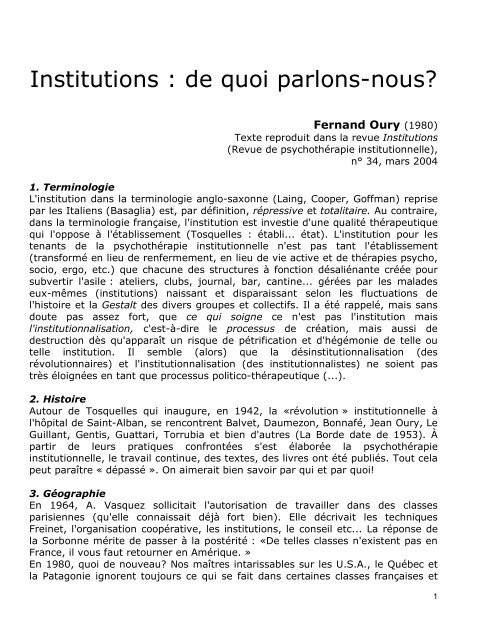 Fernand Oury, "Institutions : de quoi parlons-nous?"