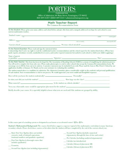 Math Teacher Report - Miss Porter's School