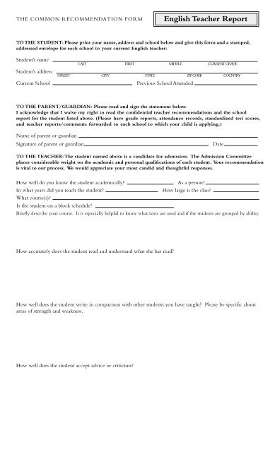 English Teacher Report - Miss Porter's School