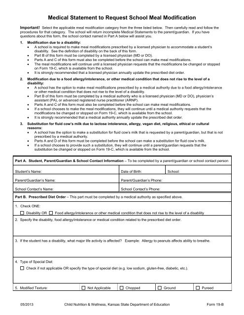 Medical Statement to Request School Meal Modification Form