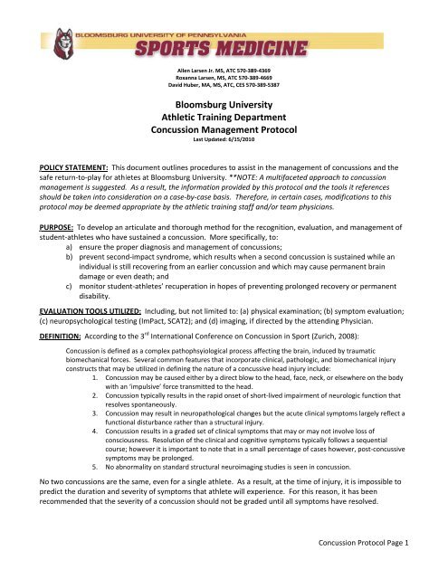 Bloomsburg University Concussion Management Protocol