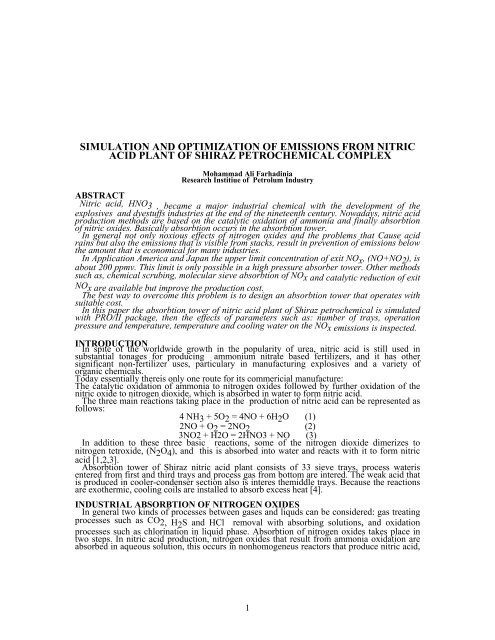 simulation and optimization of emissions from nitric acid plant of ...