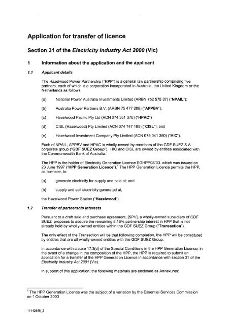 Application for transfer of electricity licence - Essential Services ...
