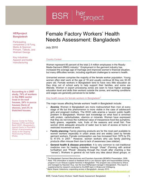 Female Factory Workers' Health Needs Assessment ... - HERproject
