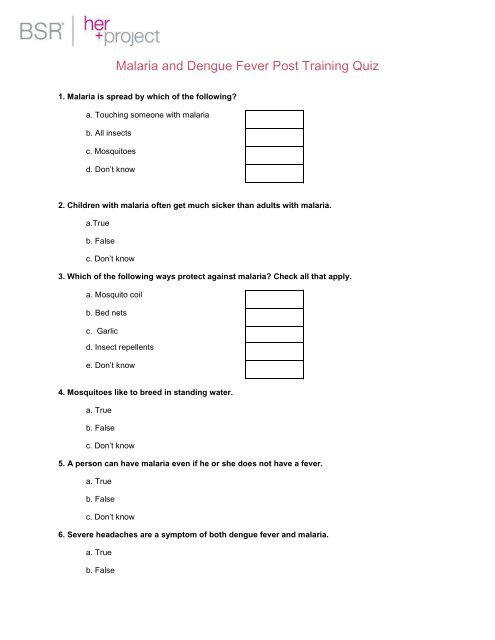 Malaria and Dengue Fever Post Training Quiz - HERproject