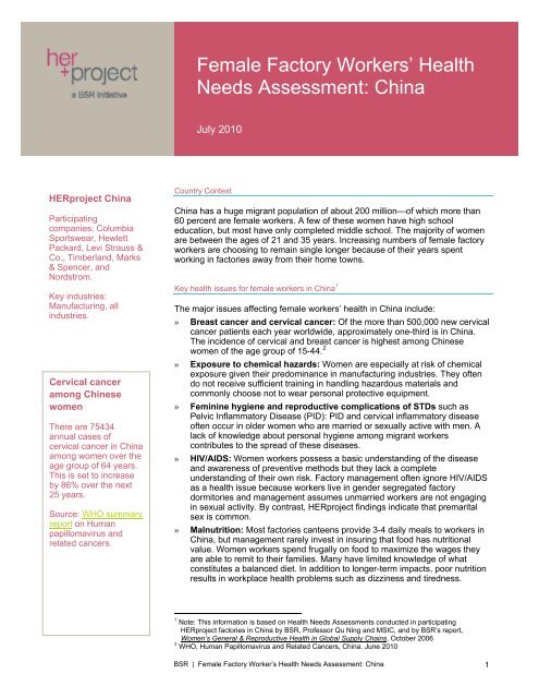 Female Factory Workers' Health Needs Assessment ... - HERproject