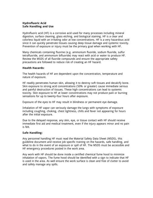 Hydrofluoric Acid Safe Handling and Use Hydrofluoric acid (HF) is a ...