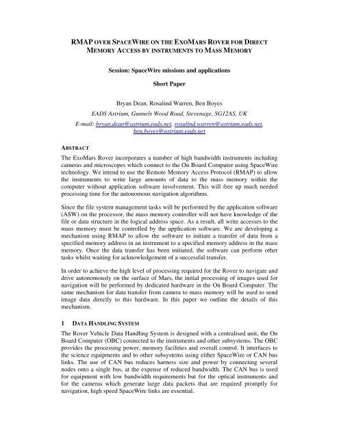 RMAP over SpaceWire on the ExoMars Rover for Direct Memory ...