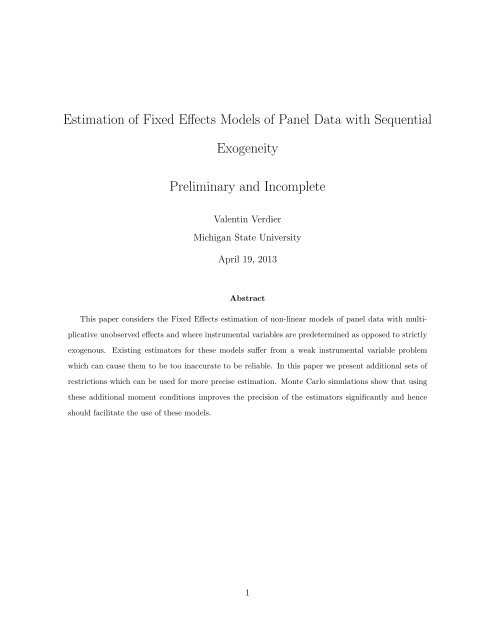 Estimation Of Fixed Effects Models Of Panel Data With Sequential